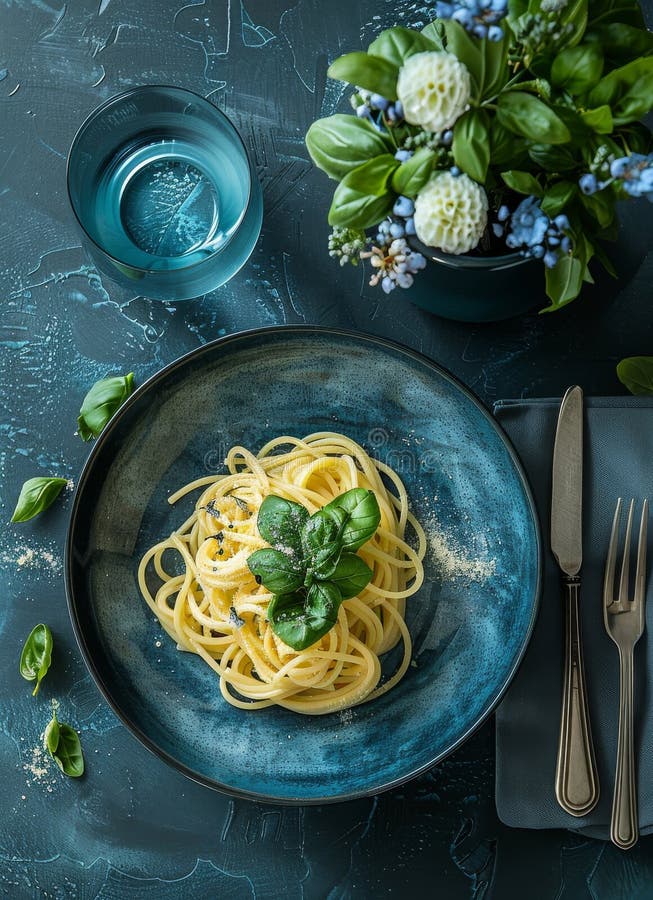 Elegant Spaghetti Dish Garnished with Fresh Basil on a Rustic Blue ...
