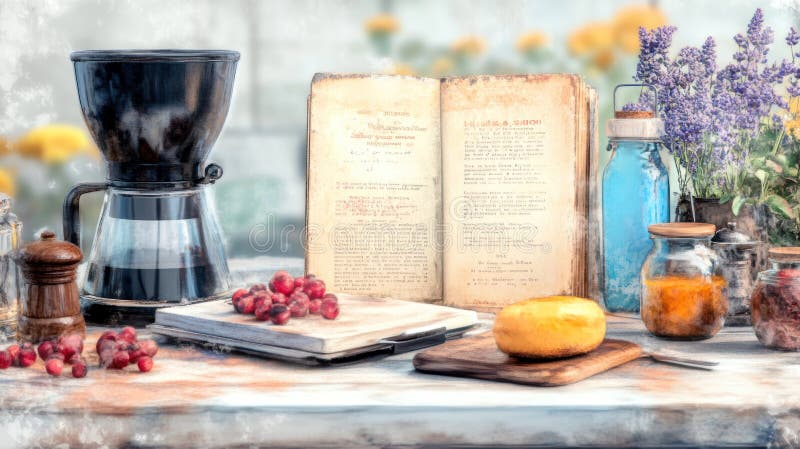 1930s Vintage Cookbook in Artistic Setting with Sepia-Tone Oil Painting ...