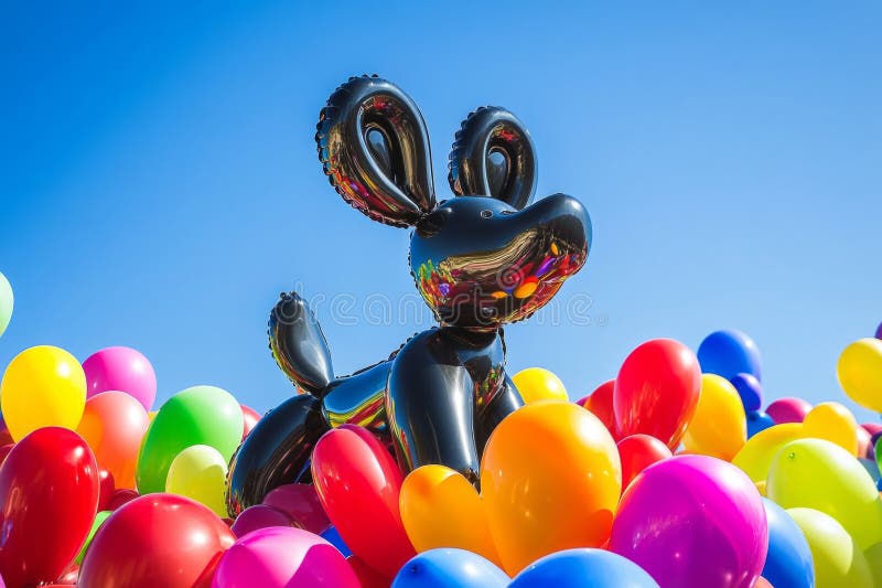 A Playful Black Balloon Dog Sits among Colorful Balloons Under a Clear ...