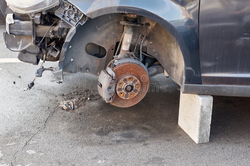 Stolen Wheel Car Propped on Block Stock Photo - Image of mudguard ...