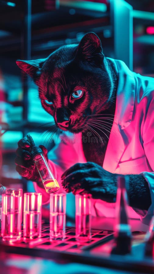 A Black Cat in a Lab Coat Conducts Fascinating Experiments. the Vivid ...