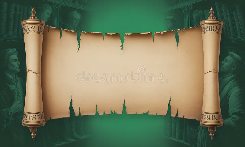 Blank Tattered Parchment Scroll with Faint Historical Figures on Green ...