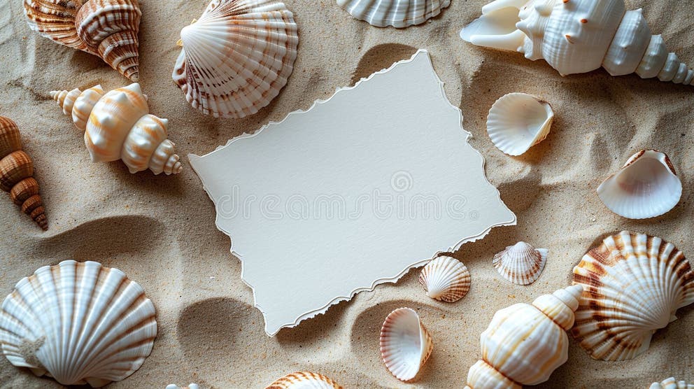 Blank Greeting Card Surrounded by Assorted Sea Shells on Sandy Beach ...