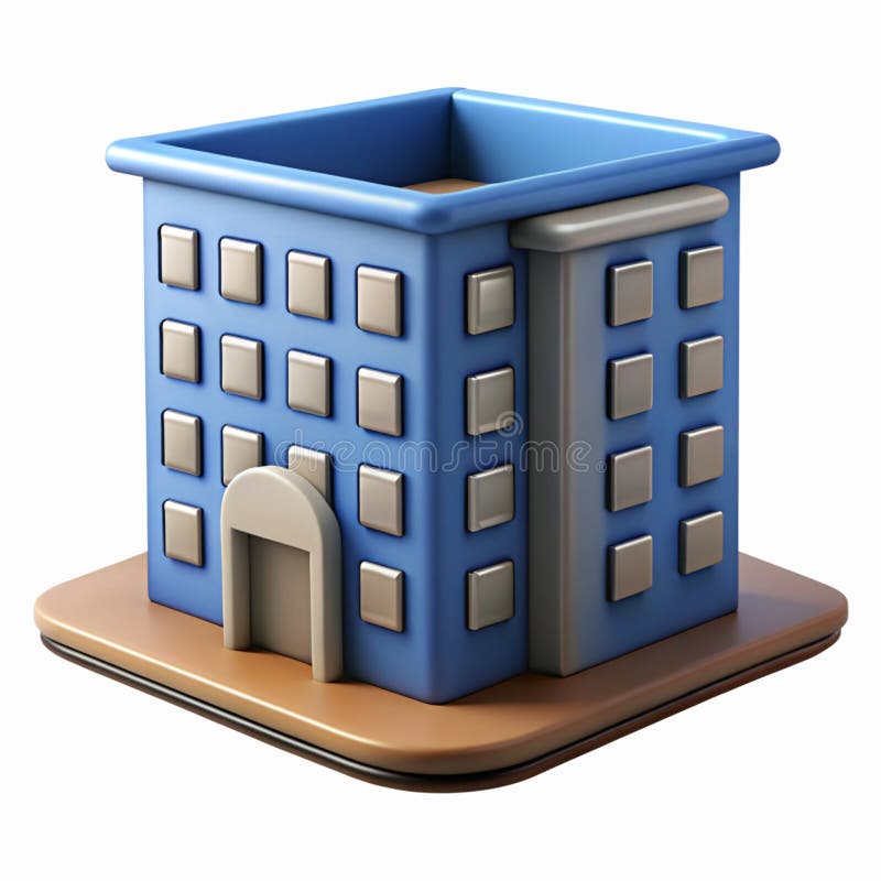 Blue 3D Office Building Icon with Square Windows and Brown Base on ...