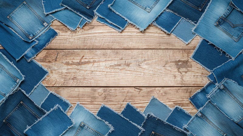 Blue Denim Patchwork Frame with Frayed Edges on Rustic Wooden ...