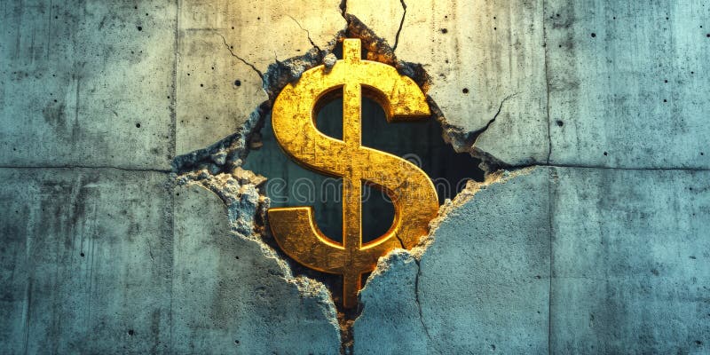 A Golden Dollar Sign Shines through a Cracked Concrete Wall. this ...