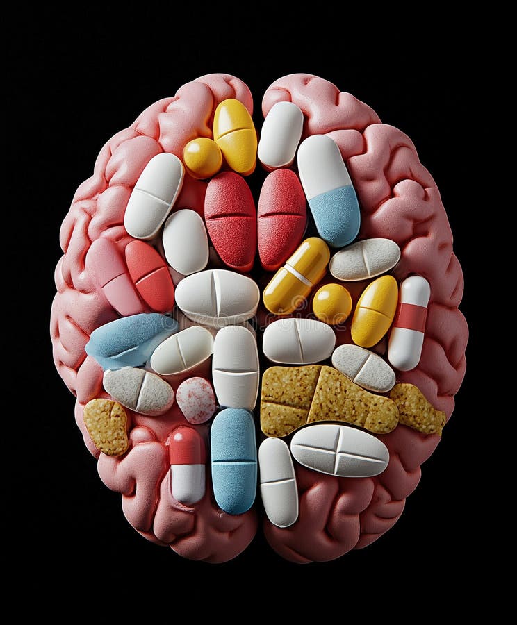 Image Features Brain Composed of Various Colorful Tablets and Capsules ...