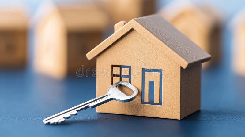 House-shaped Key on Blue Background with Copy Space Stock Illustration ...
