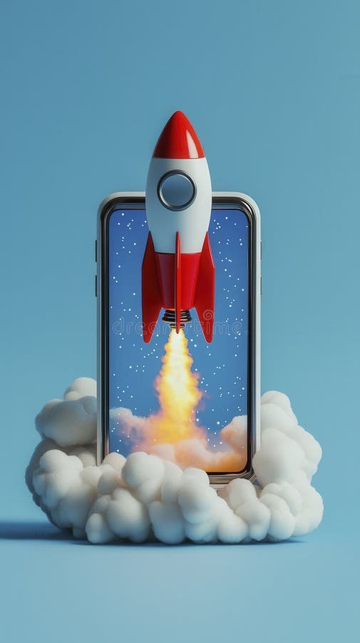 Rocket Launching from Phone Against Clear Sky Stock Illustration ...