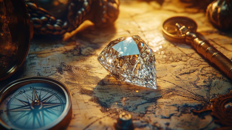 A Sparkling Diamond Rests on an Antique Map Surrounded by Intriguing ...