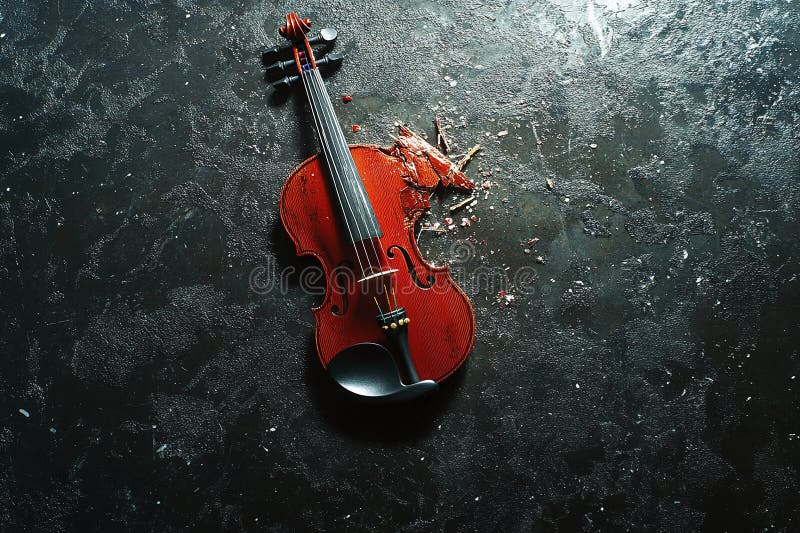 Broken Red Violin with Damaged Strings on Dark Textured Surface ...