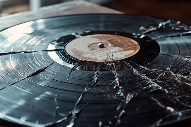 A Close View of a Damaged Vinyl Record. the Cracks Tell a Story of Lost ...