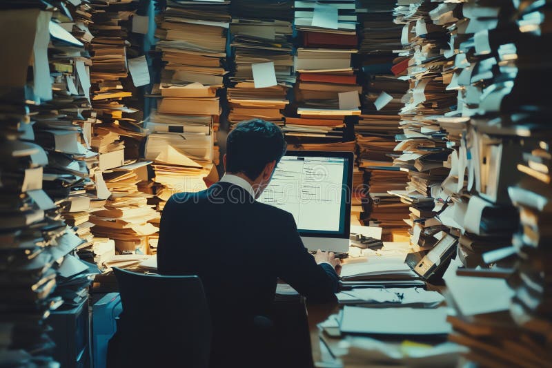 Businessman in a Cluttered Office Working on a Computer Screen Stock ...