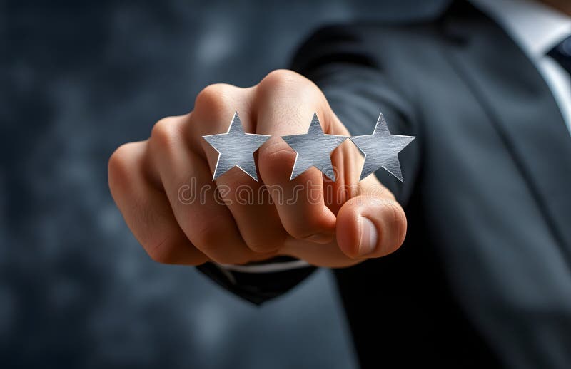 Businessman Hand Showing Three Stars for Customer Feedback and Ratings ...