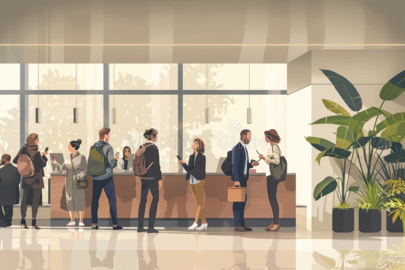 A Modern Lobby Scene Captures People Waiting in Line at a Reception ...