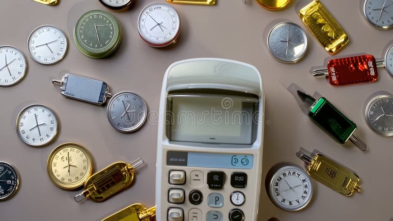 The Image Features a Calculator Surrounded by Various Colorful Clocks ...