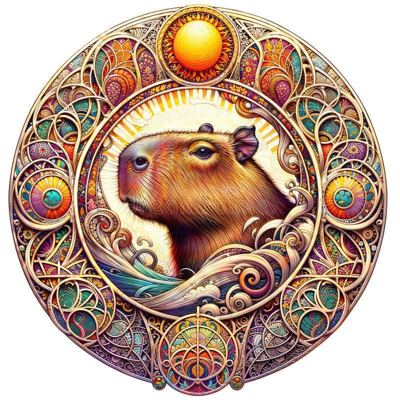Capybara with Sunburst in Ornate Circle Stock Image - Illustration of ...