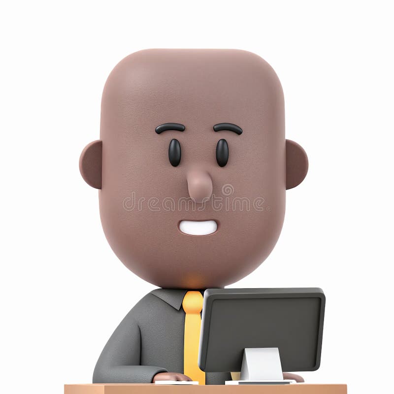 Smiling Bald Cartoon Office Worker Using Computer at Desk Wearing Gray ...
