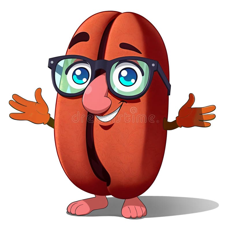 A Cartoon Image of a Coffee Bean Character with Glasses, a Nose, and a ...