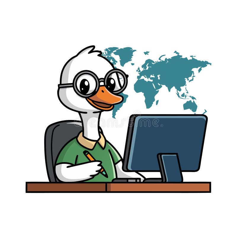 Cartoon Duck in Glasses Working at Computer with World Map Background ...