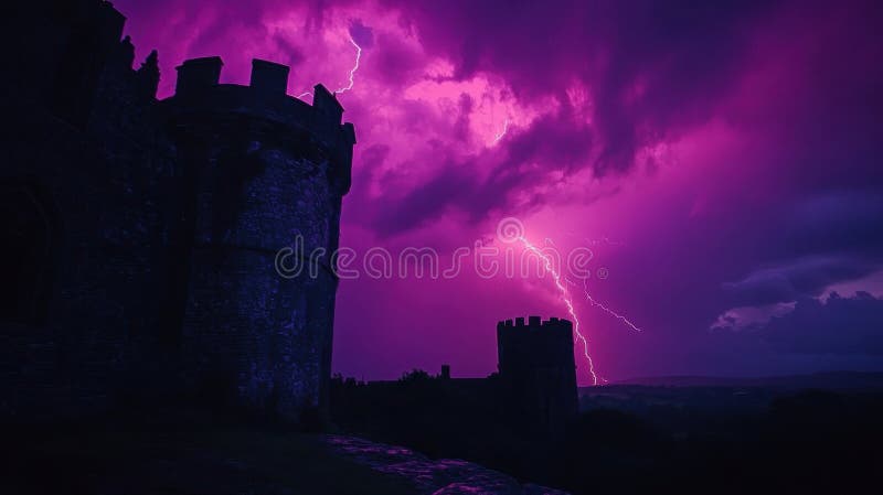 A Castle Stands Tall Under a Dramatic Sky Filled with Purple Lightning ...