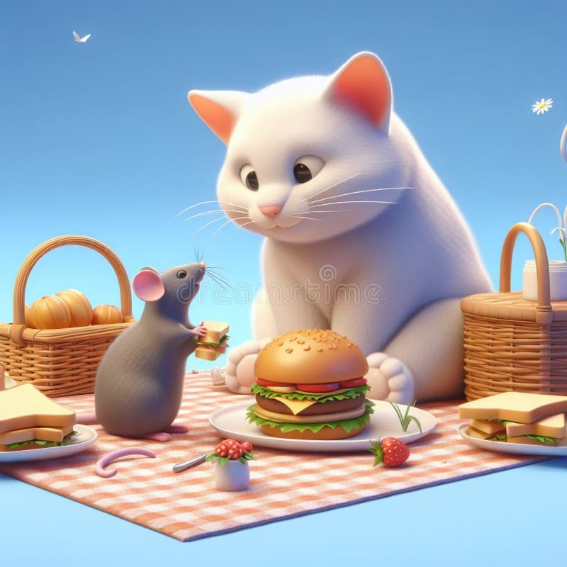 Cat and Mouse on a Picnic, Cat Offering Food To Cat, and All Picnic ... Cat and Mouse on a Picnic, Cat Offering Food To Cat, and All Picnic ...