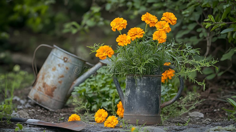 Charming Rustic Garden Tools Set Against a Backdrop of Blooming ...
