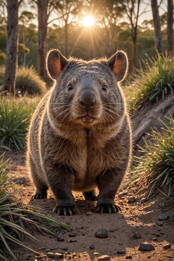 The Image Features a Charming Wombat Standing Prominently in a Natural ...