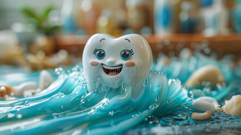 Happy Tooth Character with Blue Toothpaste Waves - Generative AI Stock ...