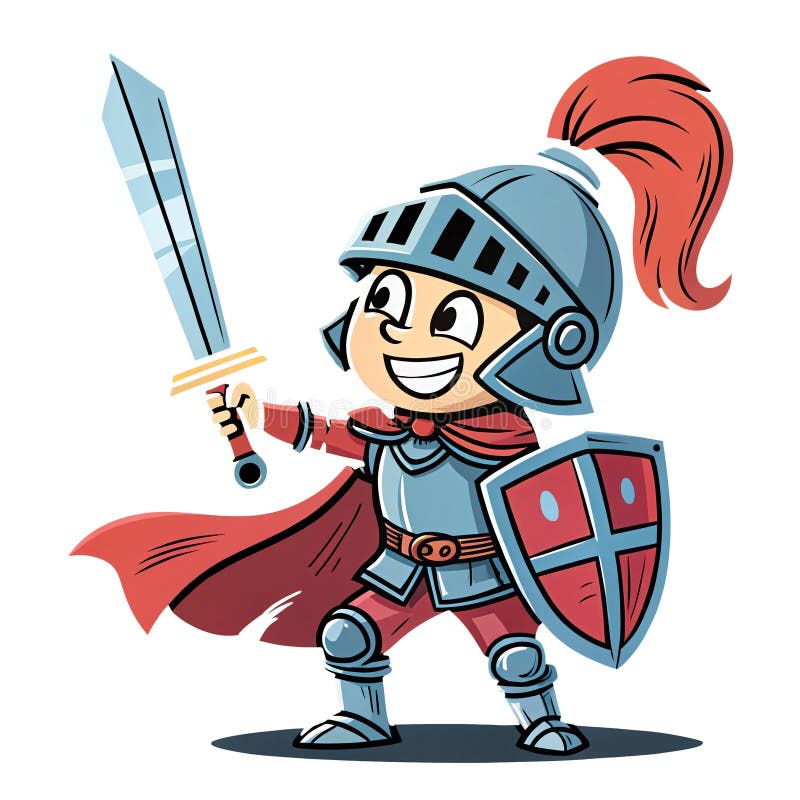 Cheerful Cartoon Knight Character Wielding Sword in Armor with Shield ...