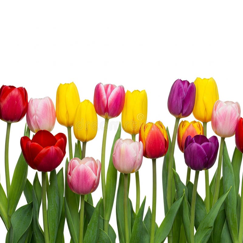 Vibrant Display of Assorted Tulip Blooms on White Background Stock ...