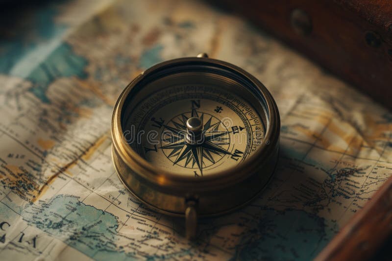 A Vintage Compass Rests on an Old Map with Rich Details. it Symbolizes ...