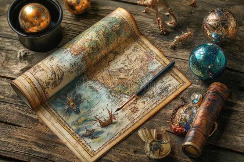 An Antique Map Sprawls on a Weathered Wooden Table. Vintage Globes and ...