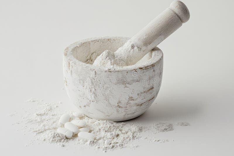 White Mortar and Pestle Sits Elegantly on a Smooth Surface. Fine Powder ...