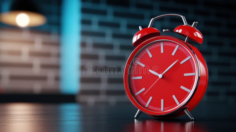 Red Alarm Clock on a Dark Wooden Table with a Blurred Brick Wall ...