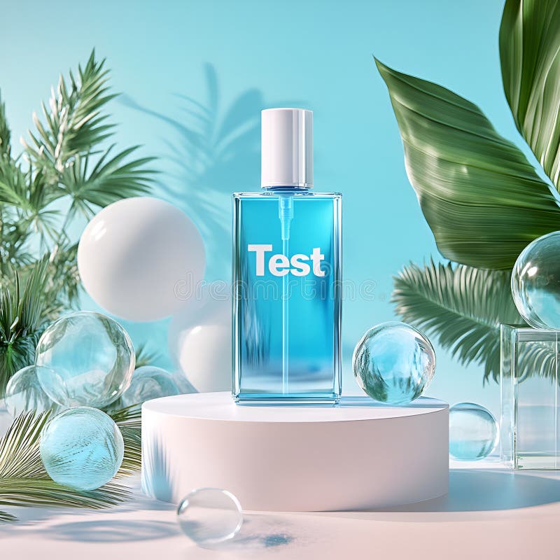 Elegant Blue Perfume Display with Palm Leaves and Transparent Spheres ...