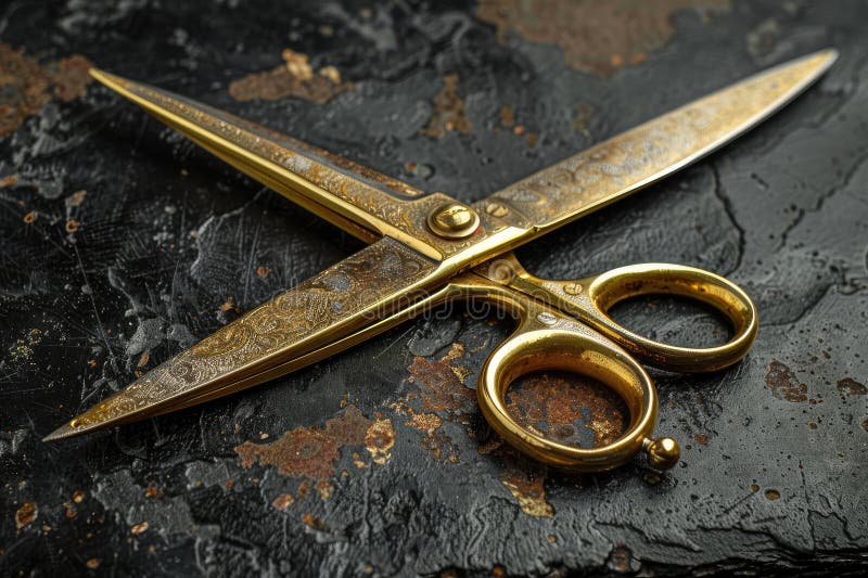 Elegant Gold-Inlaid Scissors on Dark Rustic Background Stock ...