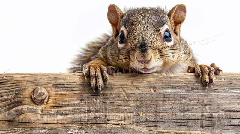 Close Up Curious Squirrel Peeking Over Wooden Log on White Background ...