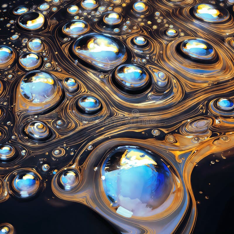 Close-up of a Liquid Surface Adorned with Iridescent Droplets, Offering ...