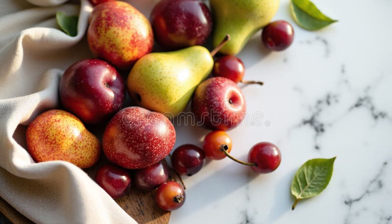 Fresh Fruit Basket with Apples and Cherries on Marble Countertop Stock ...