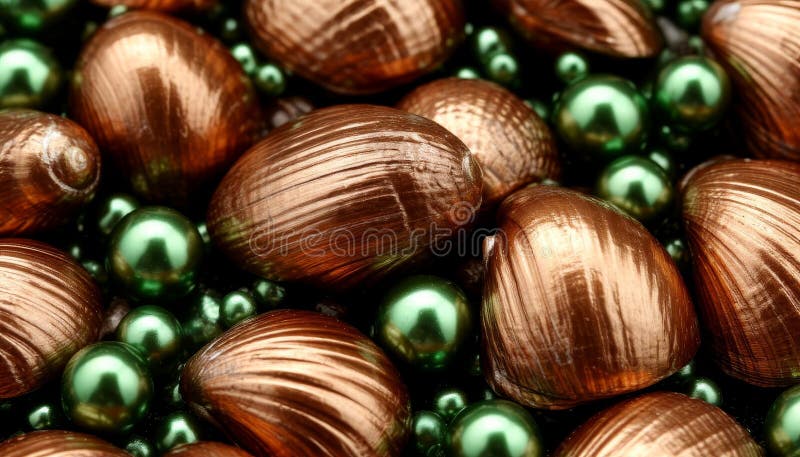 The Image Features a Close-up of Shiny, Copper-colored Shells and Green ...
