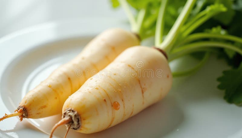 Fresh Parsnips with Green Garnish on White Plate Stock Illustration ...