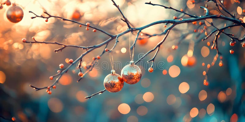 Bare Tree Branch with Metallic Ornaments Stock Illustration - Illustration of lights, golden ...
