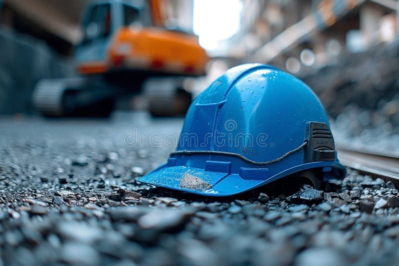 Blue Construction Helmet on Ground with Industrial Machinery in ...