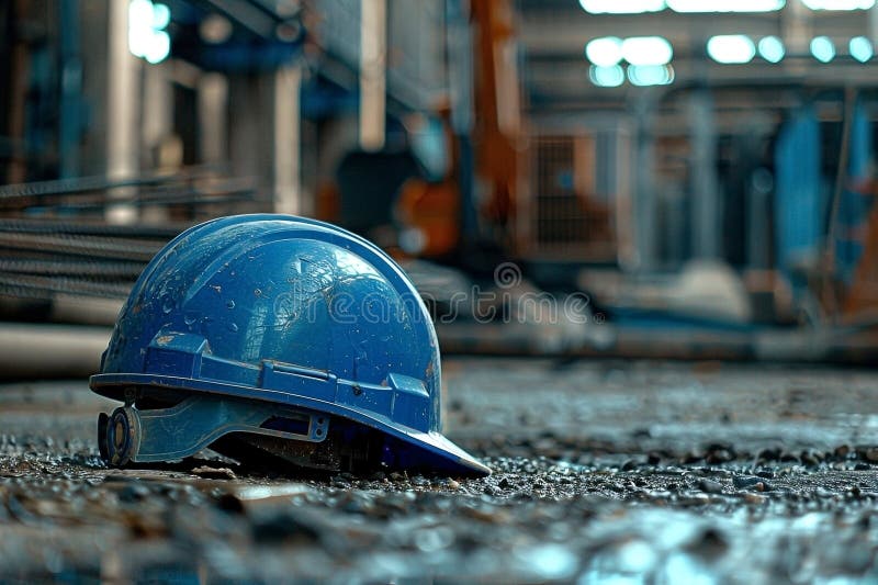 Blue Construction Helmet on Ground with Industrial Machinery in ...