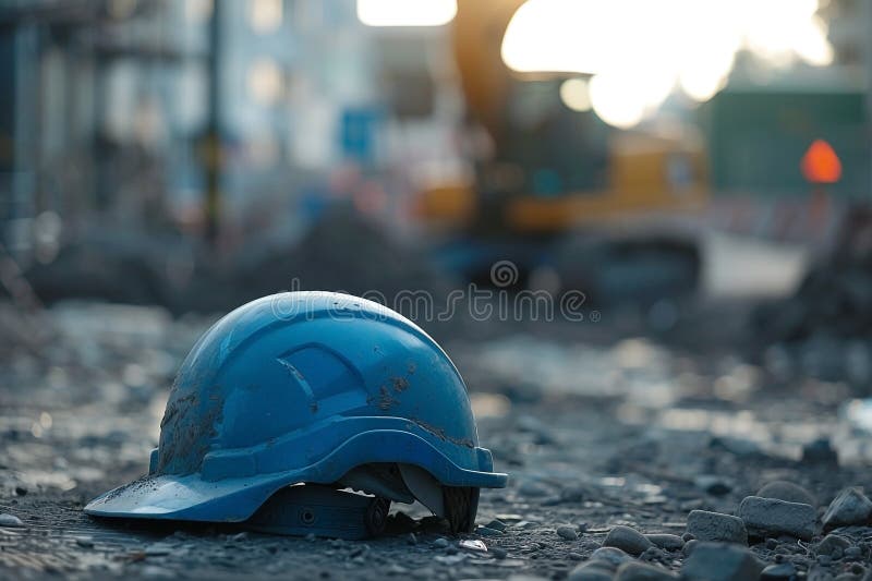 Blue Construction Helmet on Ground with Industrial Machinery in ...