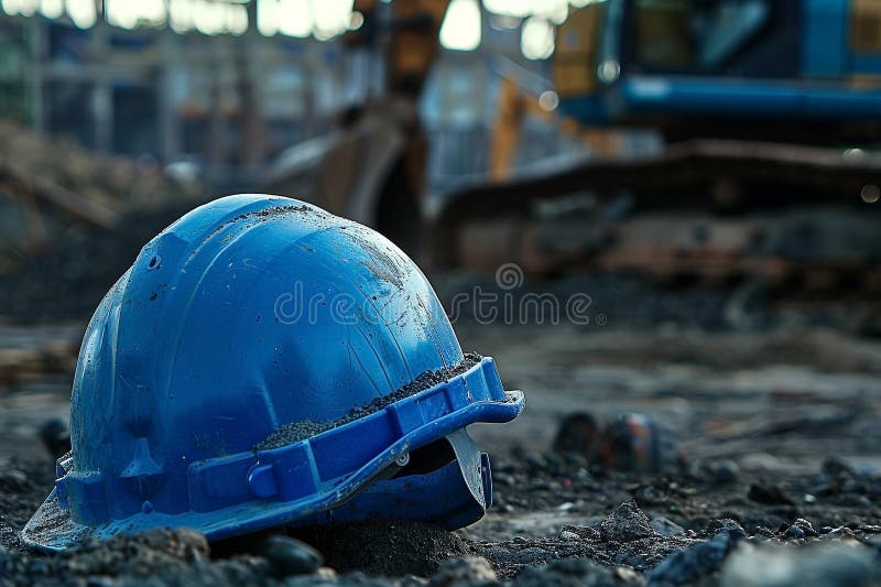 Blue Construction Helmet on Ground with Industrial Machinery in ...