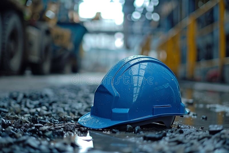 Blue Construction Helmet on Ground with Industrial Machinery in ...