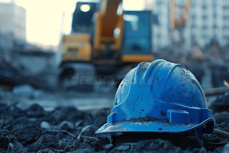 Blue Construction Helmet on Ground with Industrial Machinery in ...