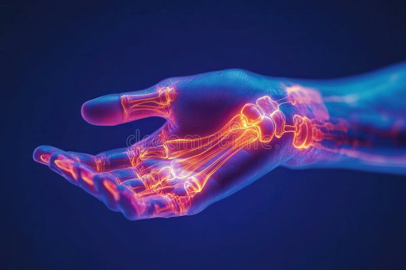 A Close-up Illustration of a Hand with Glowing Bones and Joints ...